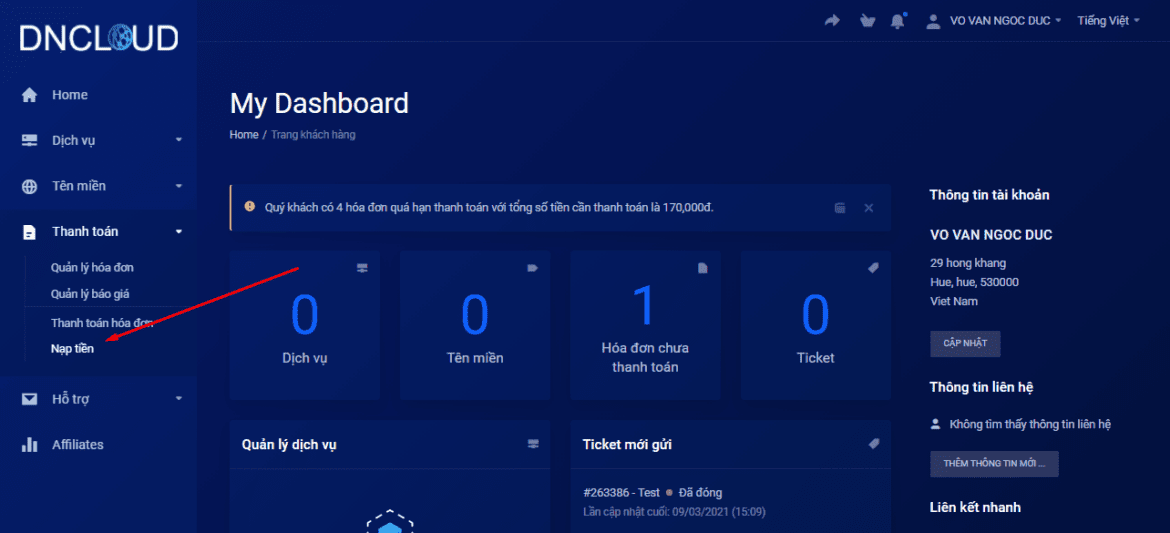Hướng dẫn nạp tiền vào tài khoản DNCLOUD